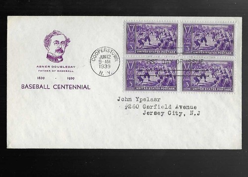 US FDC FIRST DAY COVER # 855 BASEBALL 1939 DOUBLEDAY COOPERSTOWN BLOCK ...