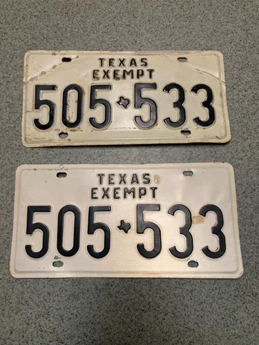 Pair Of Vintage White TEXAS Exempt Auto License Plates w/ Plate No ...