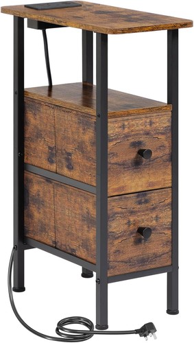 Rustic Slim Bedside Table with Charging Station, 2 Drawers & Open Shelf ...