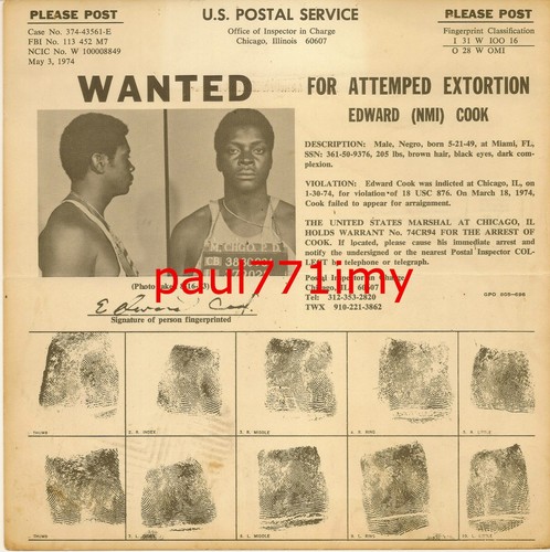 ORIGINAL USPS WANTED POSTER - EDWARD (NMI) COOK - ATTEMPTED EXTORTION ...