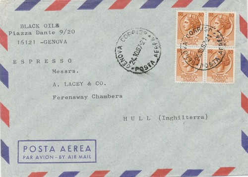 ITALY 1967 Italia turrita 80 L (block of four) multiple postage GENOVA ...