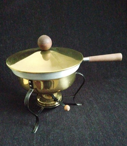 Vintage Fondue Warmer Pan Brass & Chrome Colors Wood Handles Complete ...