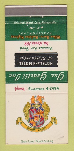 Matchbook Cover - Gus Genetti Hotel Motel Hazleton PA 30 Strike | eBay