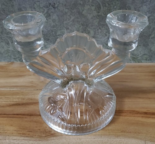Vintage Clear Pressed Glass Double Light Candle Holder Art Deco Iris ...