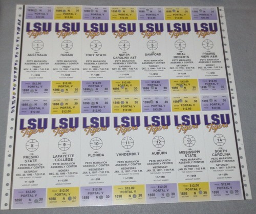 1997 LSU Tigers FULL Test Sample Unused BASKETBALL Season Tickets Sheet ...