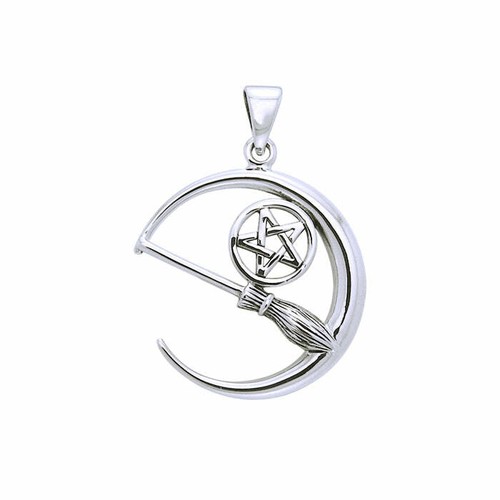 Witch Broom Pentacle Moon Wiccan 925 Sterling Silver Pendant Fine Magic ...
