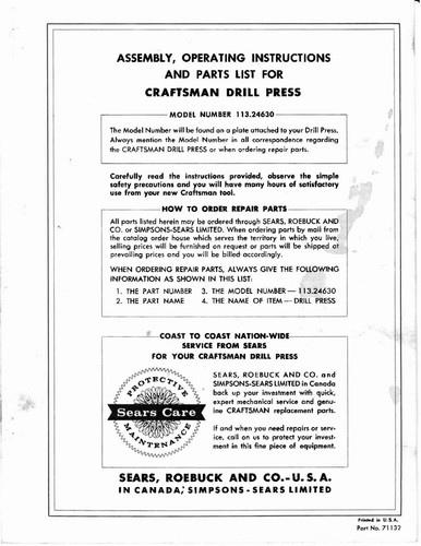 1969 Craftsman 113.24630 Drill Press-Assy, Operating Instructions ...