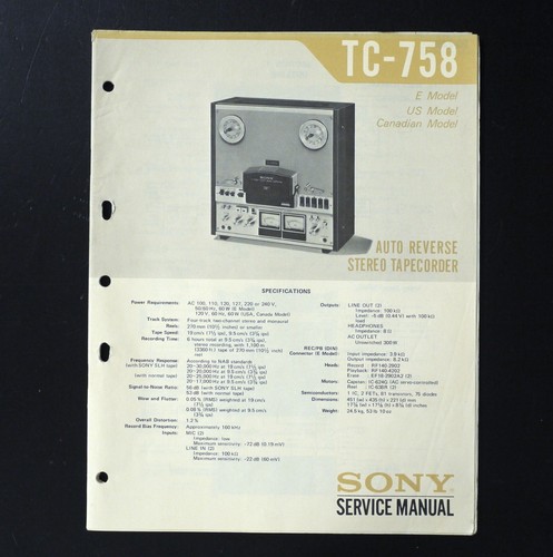Original SONY TC-758 Bandmaschine Service Manual / Service Anleitung S8 ...