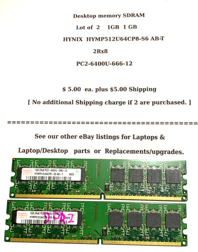 Lot of 2 1GB 1 GB Hynix SDRAM DIMM PC2-6400 U 666-12 HYMP512U64CP8-S6 ...