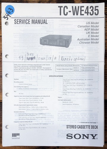 Sony TC-WE435 Cassette Service Manual *Original* | eBay