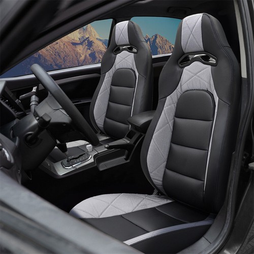 1 Pair Black+Gray Racing Seats PU Leather Reclinable Sport Bucket with ...