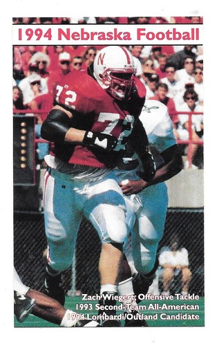 1994 Zach Wiegert Nebraska Cornhuskers Husker Football Pocket Schedule ...