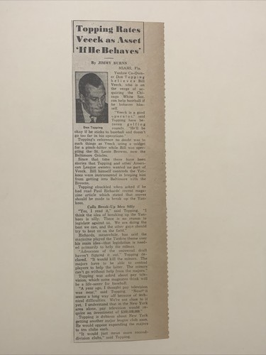 Dan Topping New York Yankees Co Owner 1959 Sporting News Baseball 3X9 ...