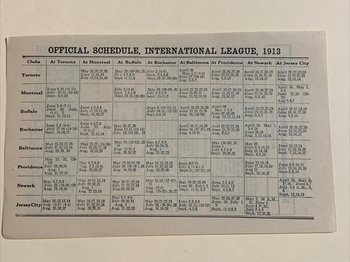 International League 1913 Baseball 4X6 Schedule Buffalo Newark Montreal ...