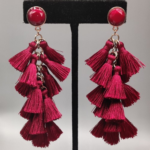 Long Gold Tone Red Multi Cluster Round Jewel Bead Dangle Drop Stud Post ...