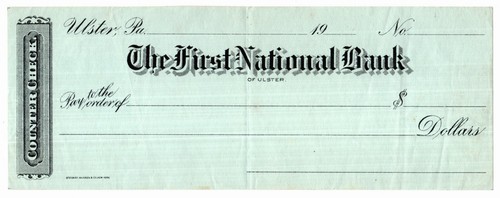 1900'S THE FIRST NATIONAL BANK - ULSTER, PENNESYLVANIA BANK CHECK ...