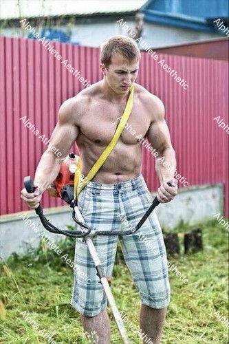 Shirtless Male Beefcake with Muscular Chest and trimmer in Garden 4x6 ...