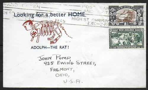 New Zealand 1945 Adolf-The Rat! Propaganda cover Richmond to Fremont ...