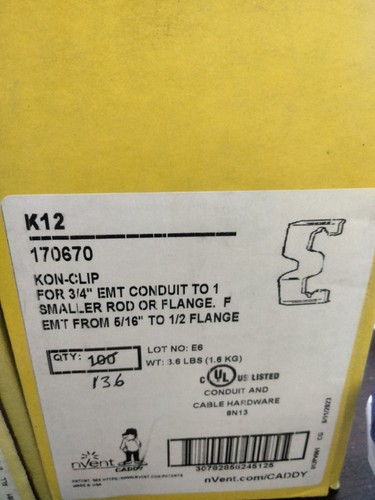 (Qty:136) nVent Caddy K12 Kon Clip Conduit For 3/4" EMT from 5/16" to 1 ...