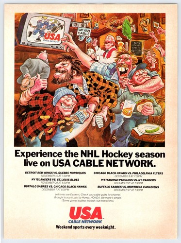 1984 COMIC ART NHL HOCKEY ON USA NETWORK Vintage 8"X11" Magazine Ad ...