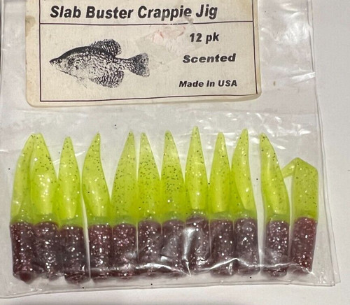 12 PK. 2" SLAB BUSTER CRAPPIE JIG PURPLE GLTR CHARTREUSE GLTR TAIL $5 ...