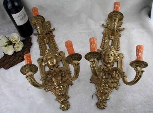 Huge PAIR French antique bronze putti faun satyr 3 arms sconces wall ...