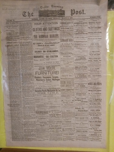 NEWSPAPER - VICTORIA DAILY EVENING - NEWS OF THE DAY - MARCH 12, 1885 ...