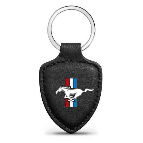 Ford Mustang Tri-Bar Logo Black Real Leather Shield-Style Key Chain | eBay