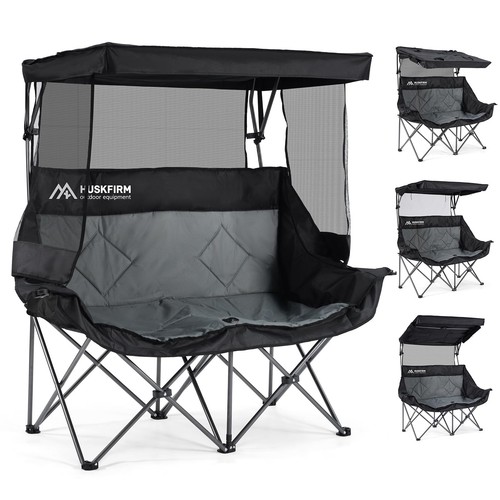 Double Camping Chair with Canopy Shade Folding Double Beach Chair with ...