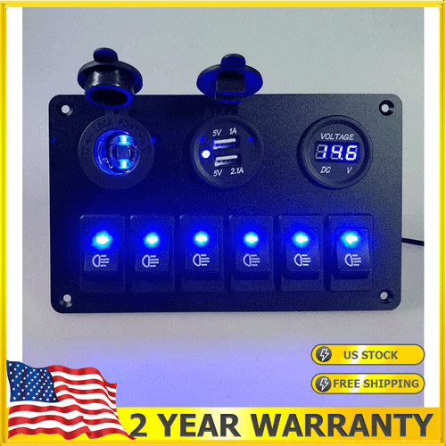 1X Switch Panel 6 Gang USB for Car Boat Marine RV Truck Blue LED Car ...