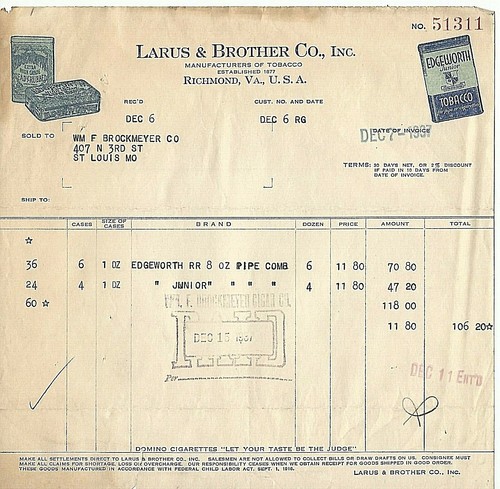 1937~LARUS & BROTHER CO.~ADVERTISING BILL/LETTERHEAD~RICHMOND, VA ...