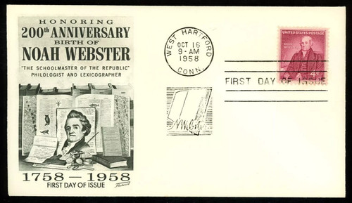 NOAH WEBSTER FATHER OF THE DICTIONARY #1121 1958 FLEETWOOD CACHET FDC ...